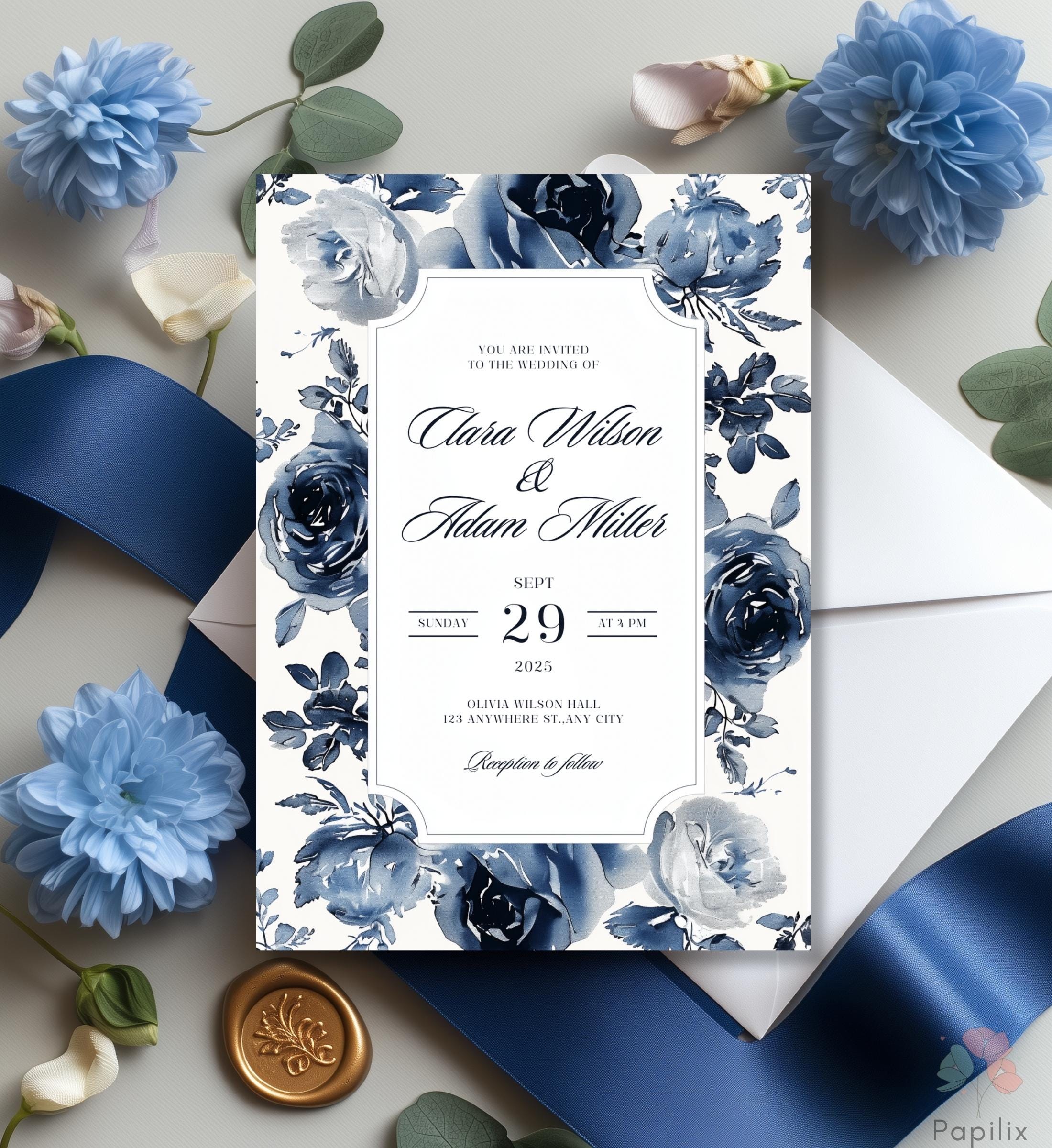 French Blue Flower Wedding Invitation, Blue Floral Wedding Invitation ...