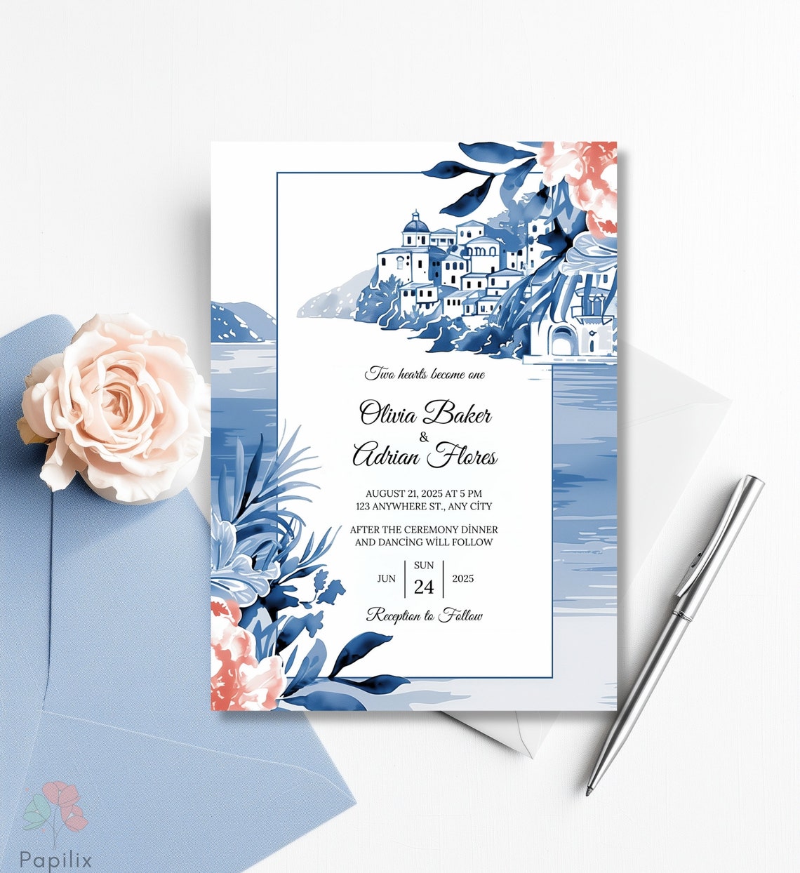Mediterranean Coastal Wedding Invitation, Blue Amalfi Coast Invite ...