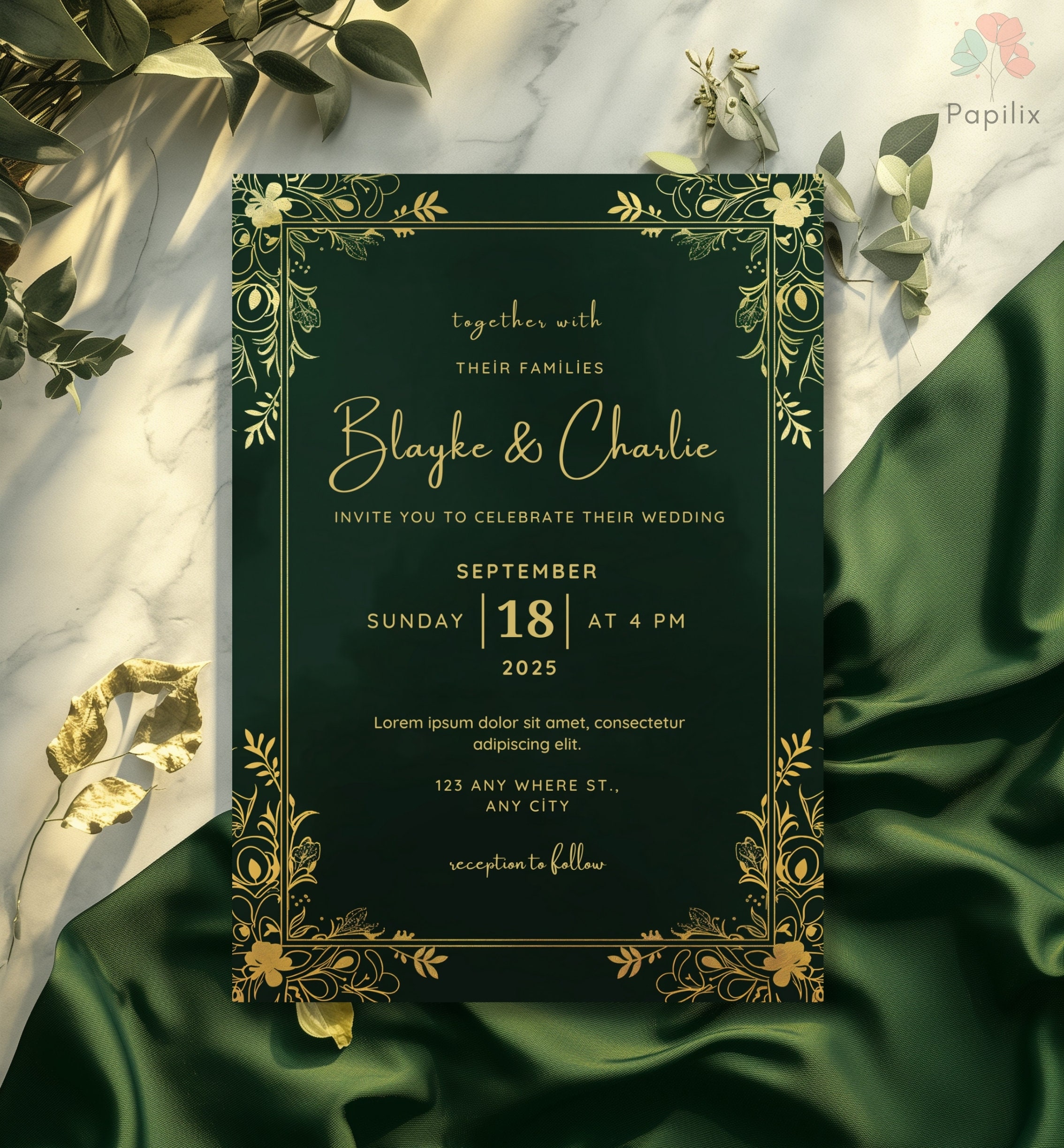 Emerald Green and Gold Wedding Invitation, Elegant Floral Invites ...