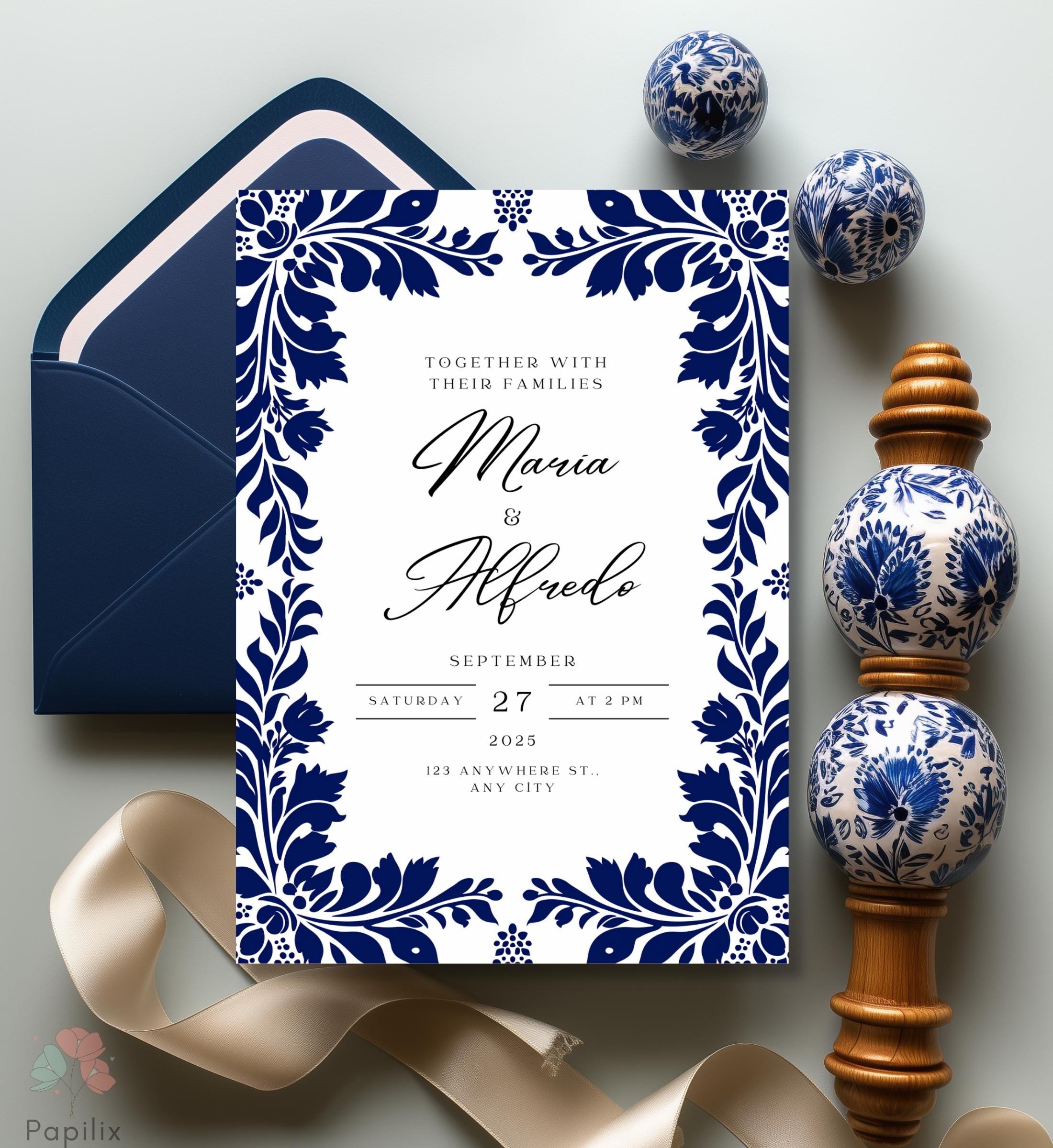 Mexican Wedding Invitation Template, Blue Floral Invite, Talavera Tile ...