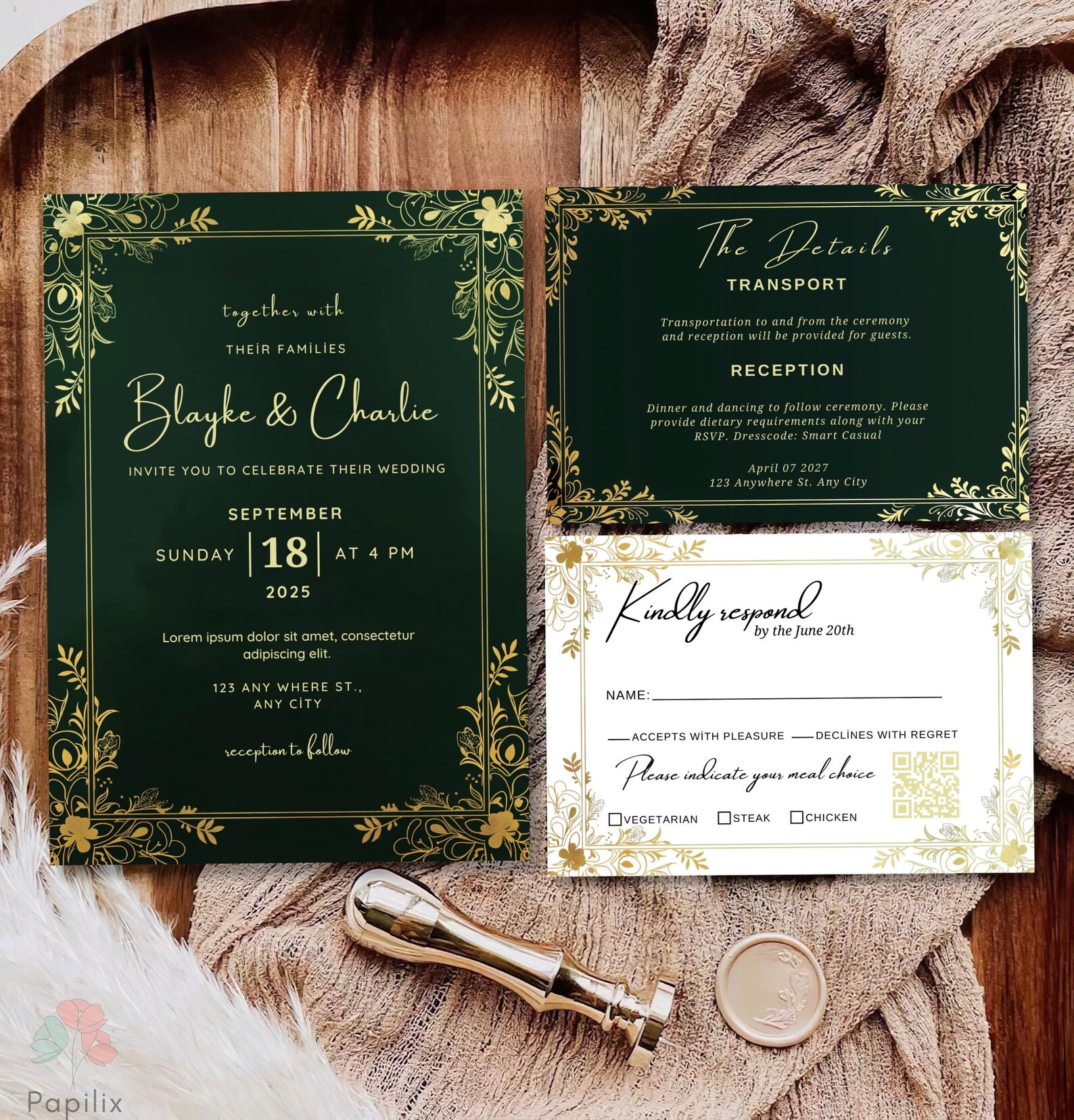 Elegant Green & Gold Wedding Invitation Set Formal Floral Invite Dark Green Gold Foil Emerald ...