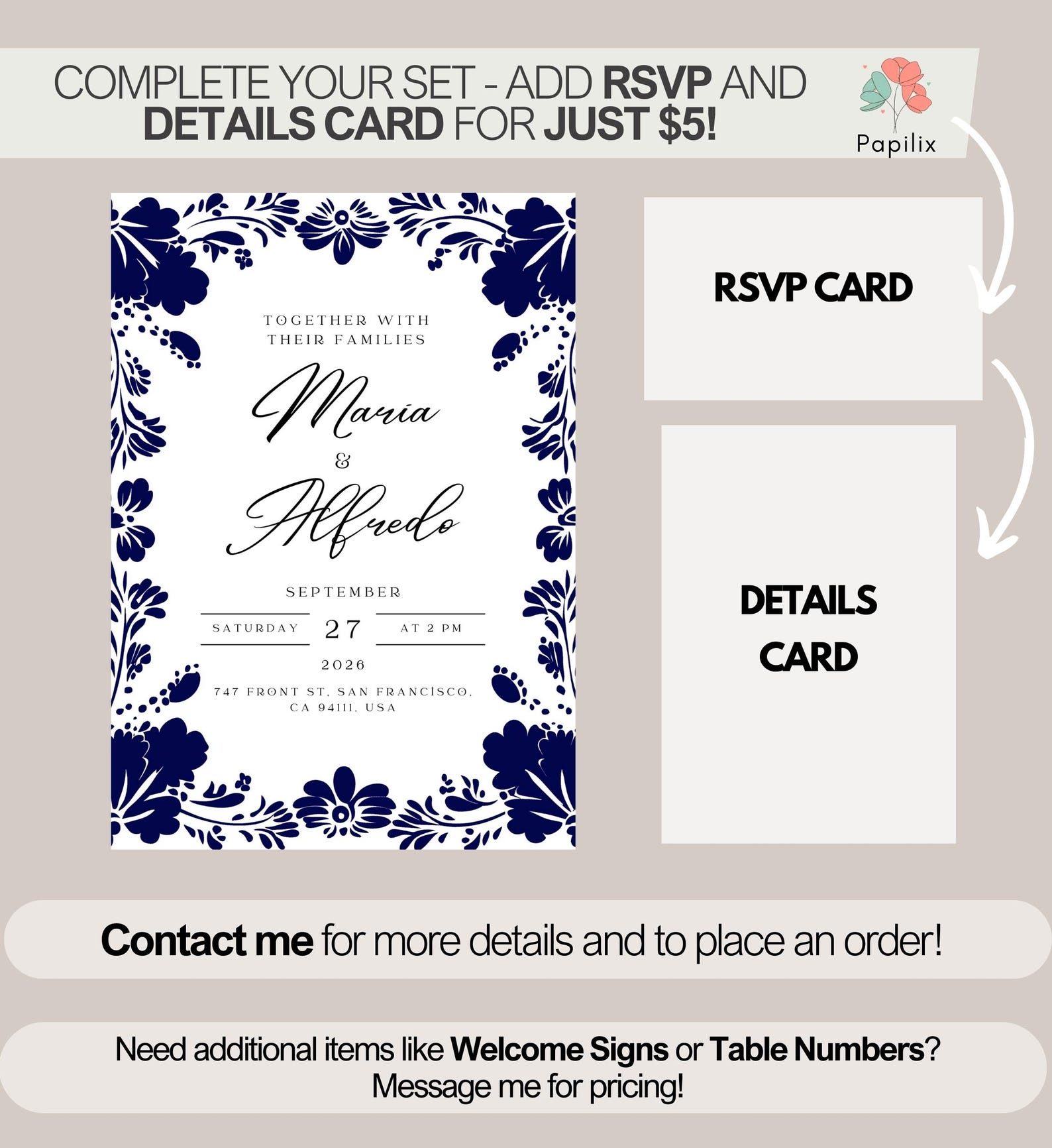 Blue Mexican Wedding Invitation, Talavera Tile Border, Floral Fiesta ...