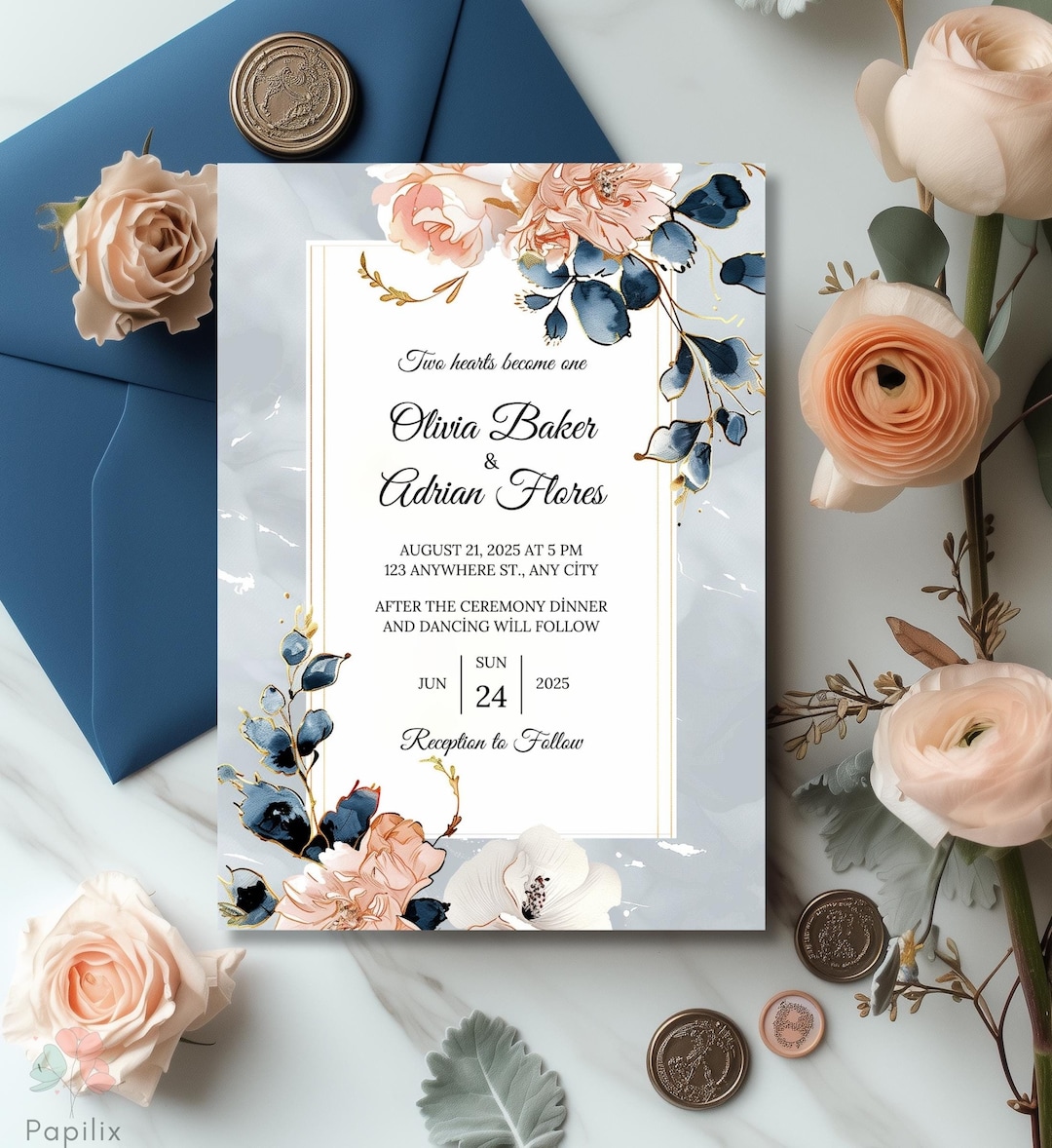 Dusty Blue Floral Wedding Invitation, Elegant Blue & Peach Floral ...