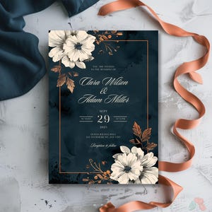Dark Teal and Copper Floral Wedding Invitation, Elegant Watercolor ...