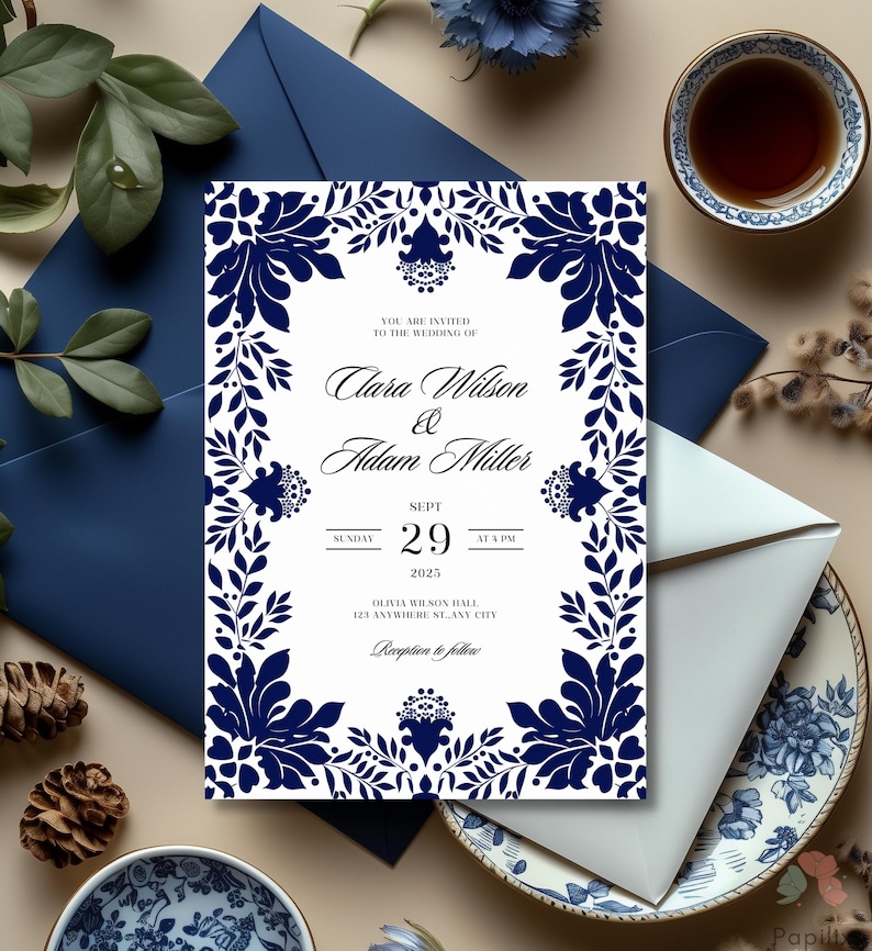 Blue and White Floral Border Invitation, Mexican Talavera Inspired ...