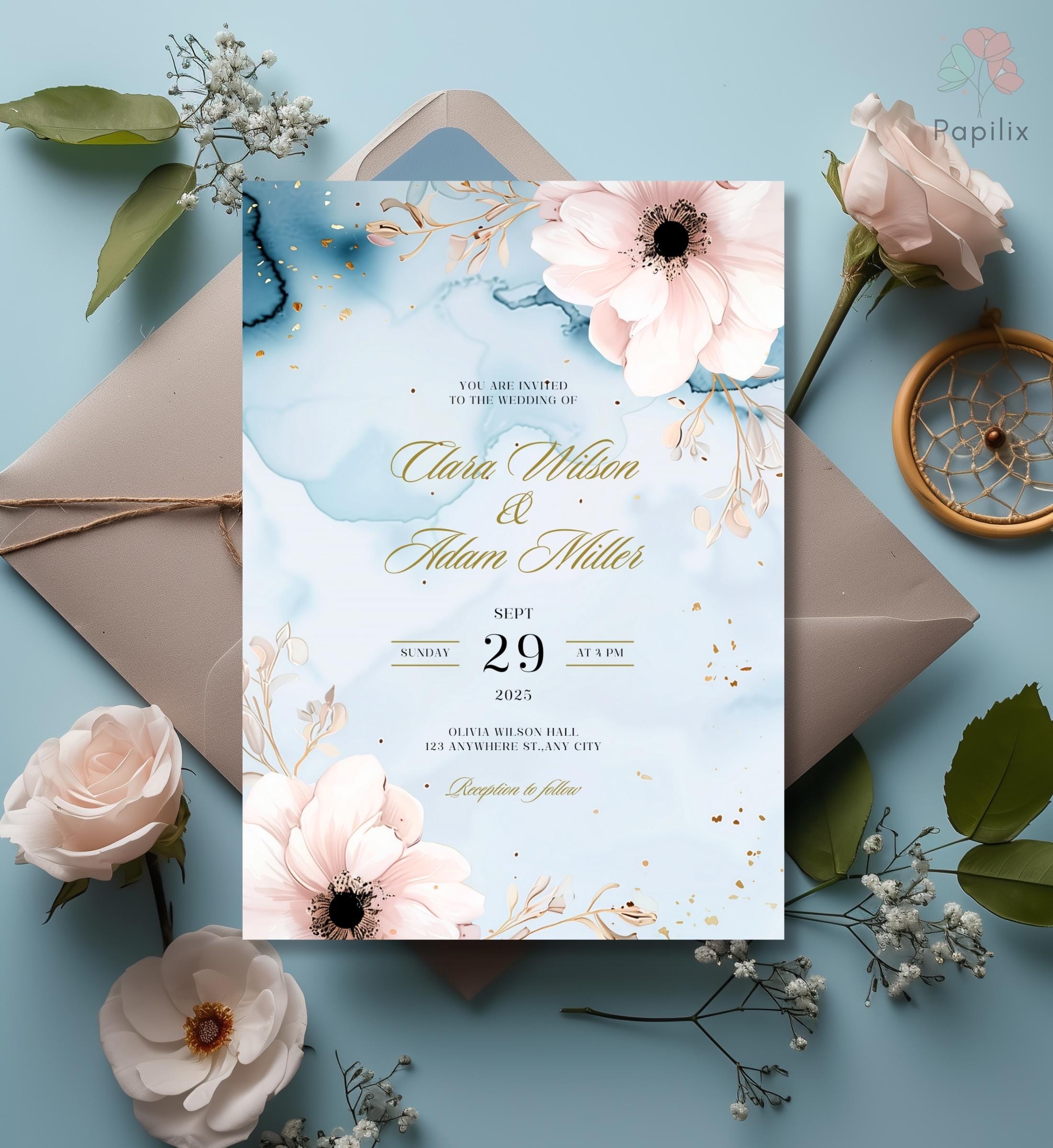 Dusty Blue and Blush Floral Wedding Invitation, Elegant Watercolor ...