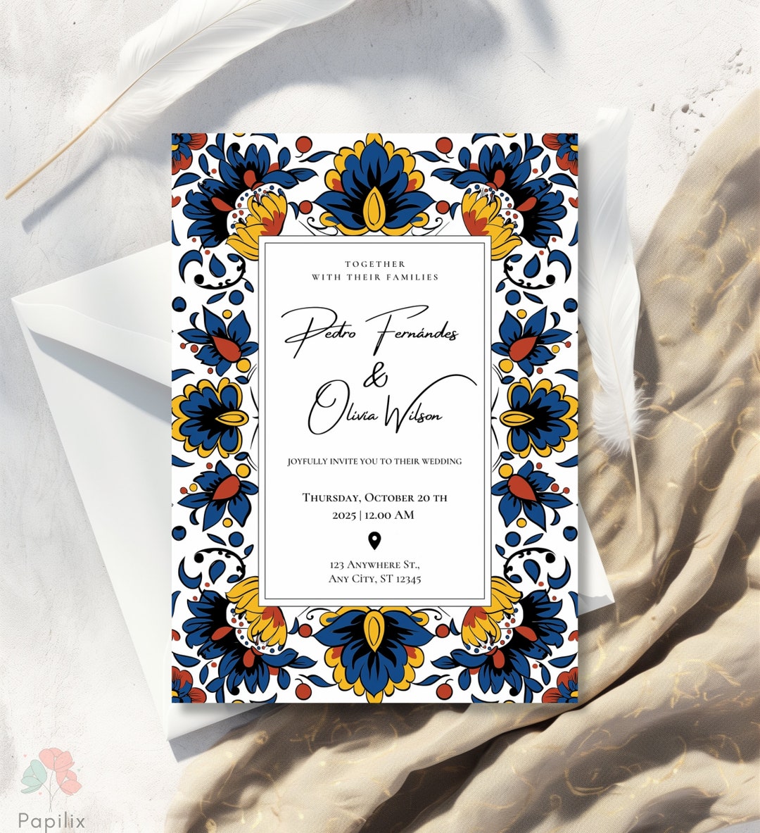 Mexican Wedding Invitation, Talavera Tile Pattern, Fiesta Invite, Red ...