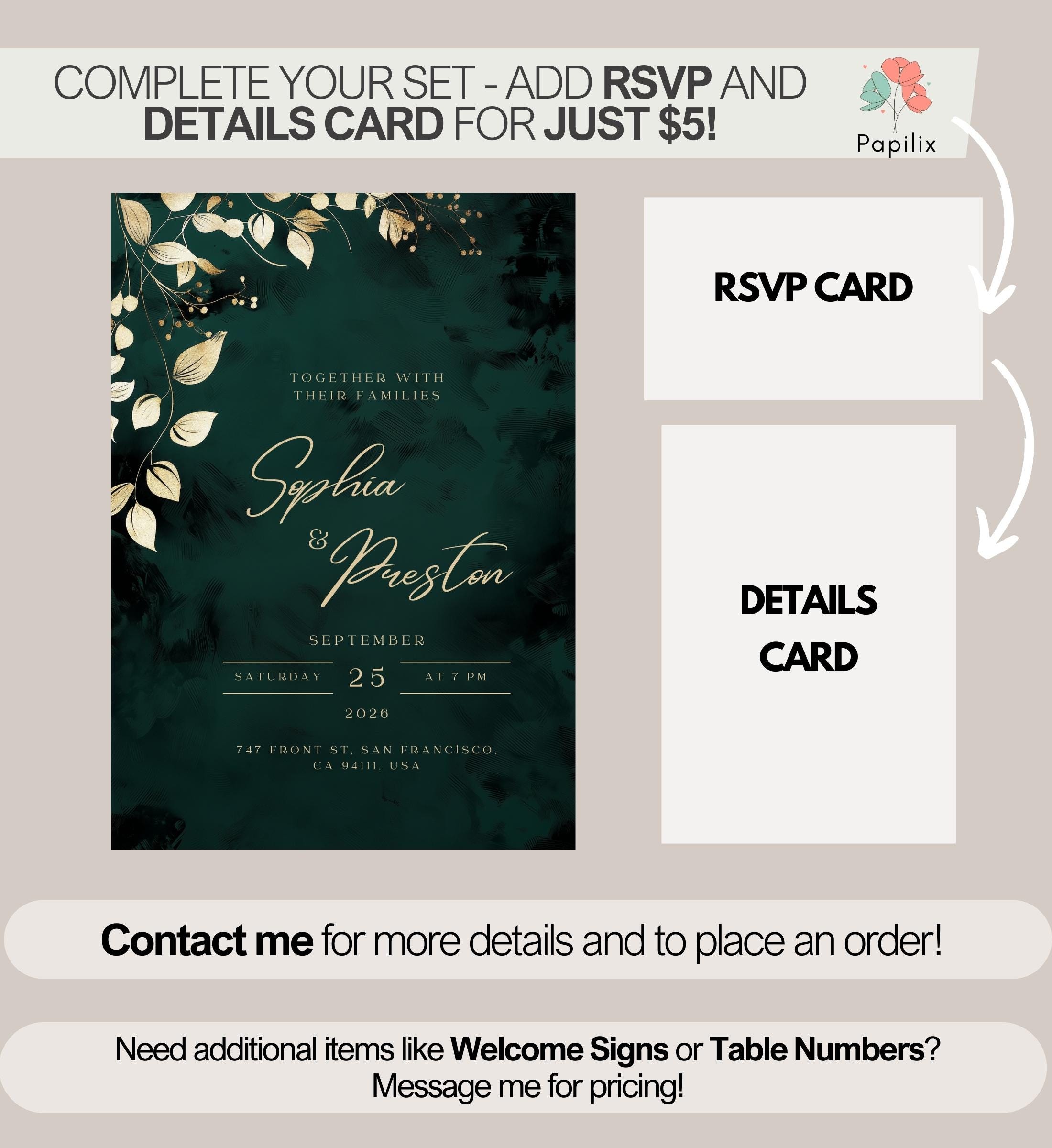 Emerald Green Wedding Invitation Template, Gold Floral Accent Invite, Dark Green & Gold Elegant ...