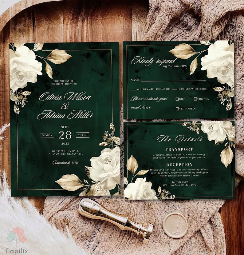 Elegant Dark Green and Gold Wedding Invitation Set, Floral Ivory Rose ...