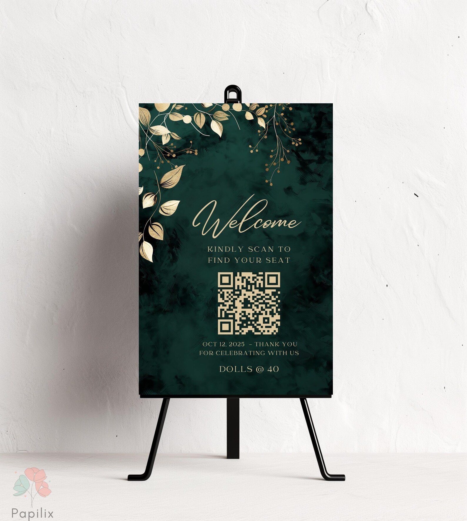 Emerald Green & Gold Welcome Sign, Elegant QR Code Seating Chart, Dark ...