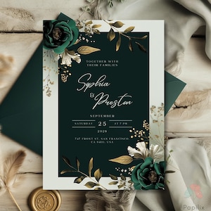 Custom Emerald Green Wedding Invitation Template, Gold & Green Floral ...