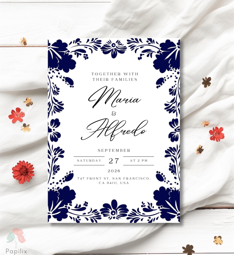 Blue Mexican Wedding Invitation, Talavera Tile Border, Floral Fiesta ...