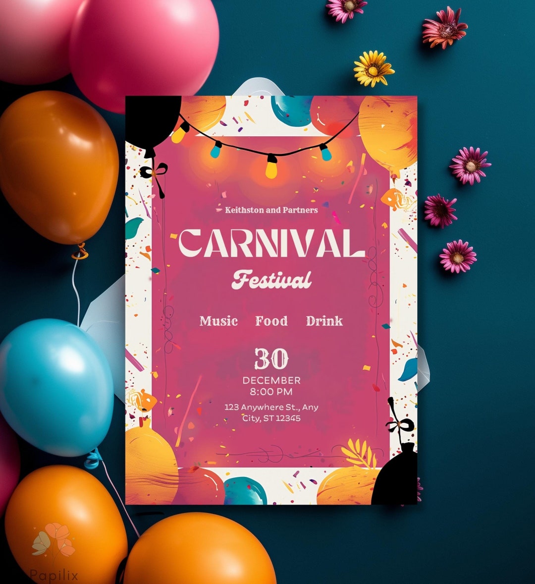 Colorful Birthday Party Invitation, Balloon and Confetti Themed Invite ...