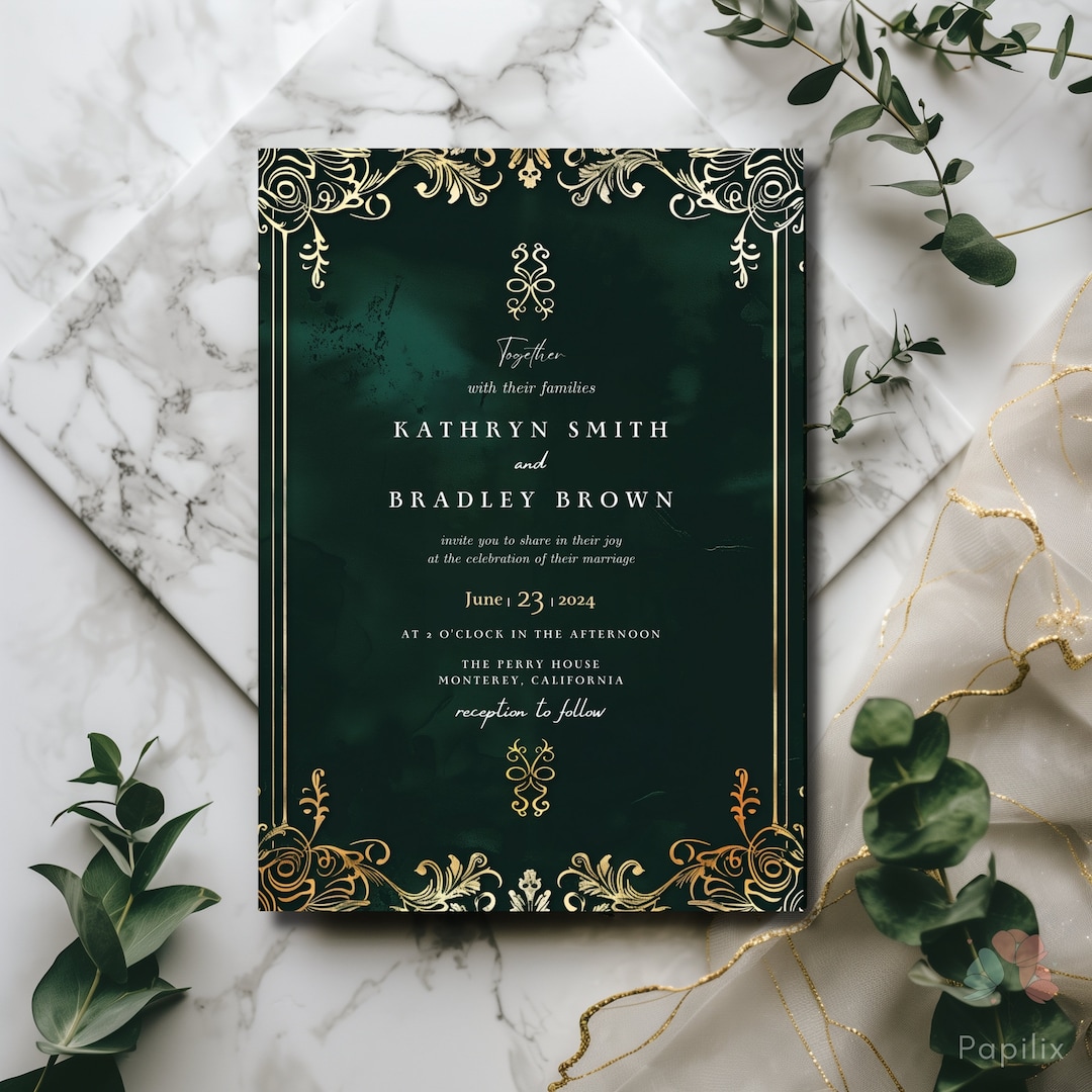 Emerald Green and Gold Wedding Invitation, Elegant Dark Green Floral ...