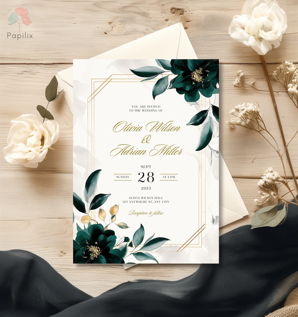 Elegant Green Floral Wedding Invitation, Emerald and Gold, Dark Teal ...