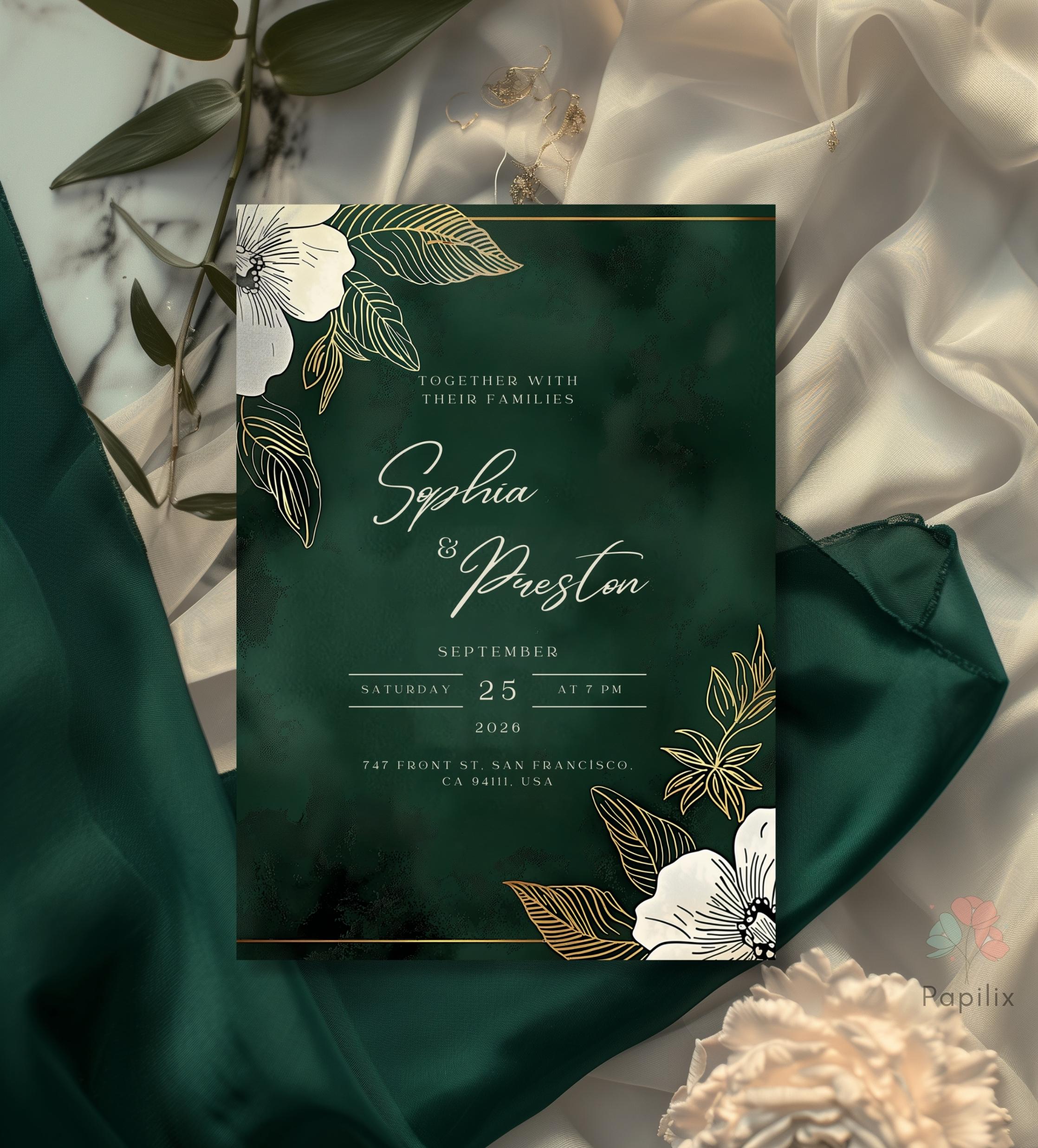 Emerald Green Wedding Invitation, Gold Floral Invites, Dark Green and ...