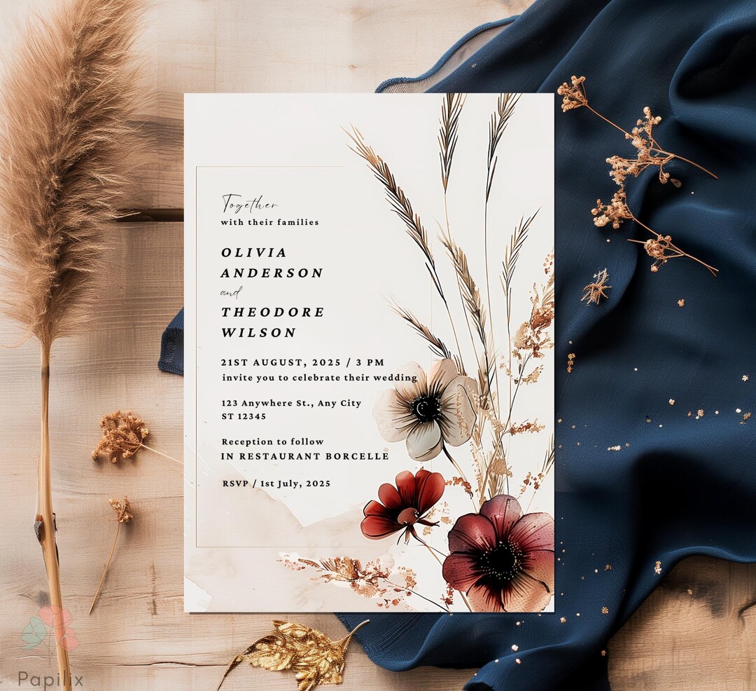 Boho Wedding Invitation Template Pampas Grass Wedding Invite Beige and ...
