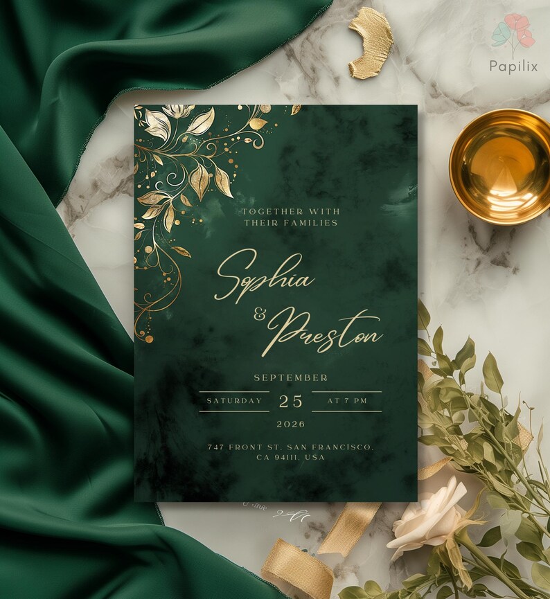Emerald Green and Gold Wedding Invitation, Elegant Floral Invites ...