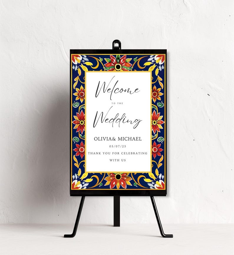 Mexican Wedding Invitation & Welcome Sign, Talavera Tile Design, Blue ...