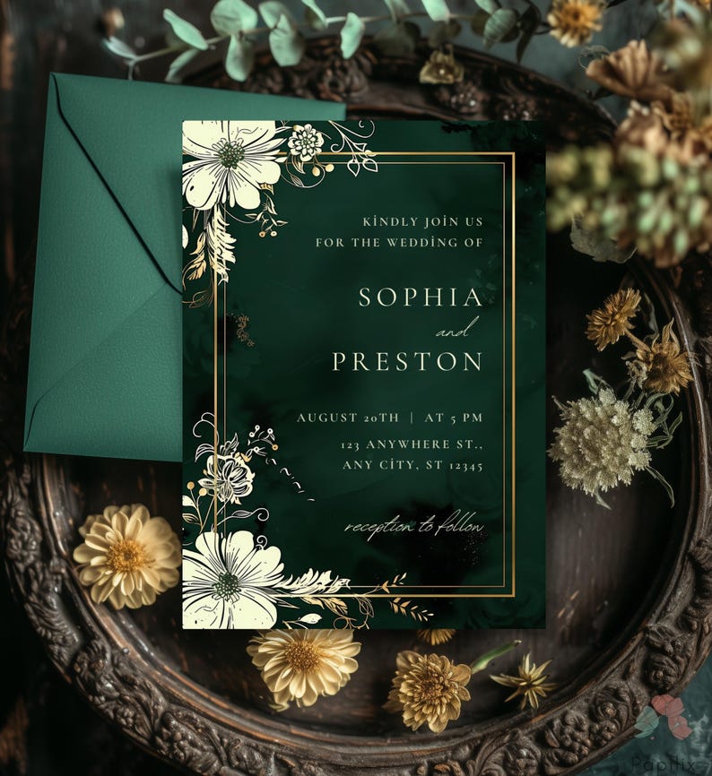 Emerald Green Floral Invitation Template, Gold Frame Invite, Dark Green ...