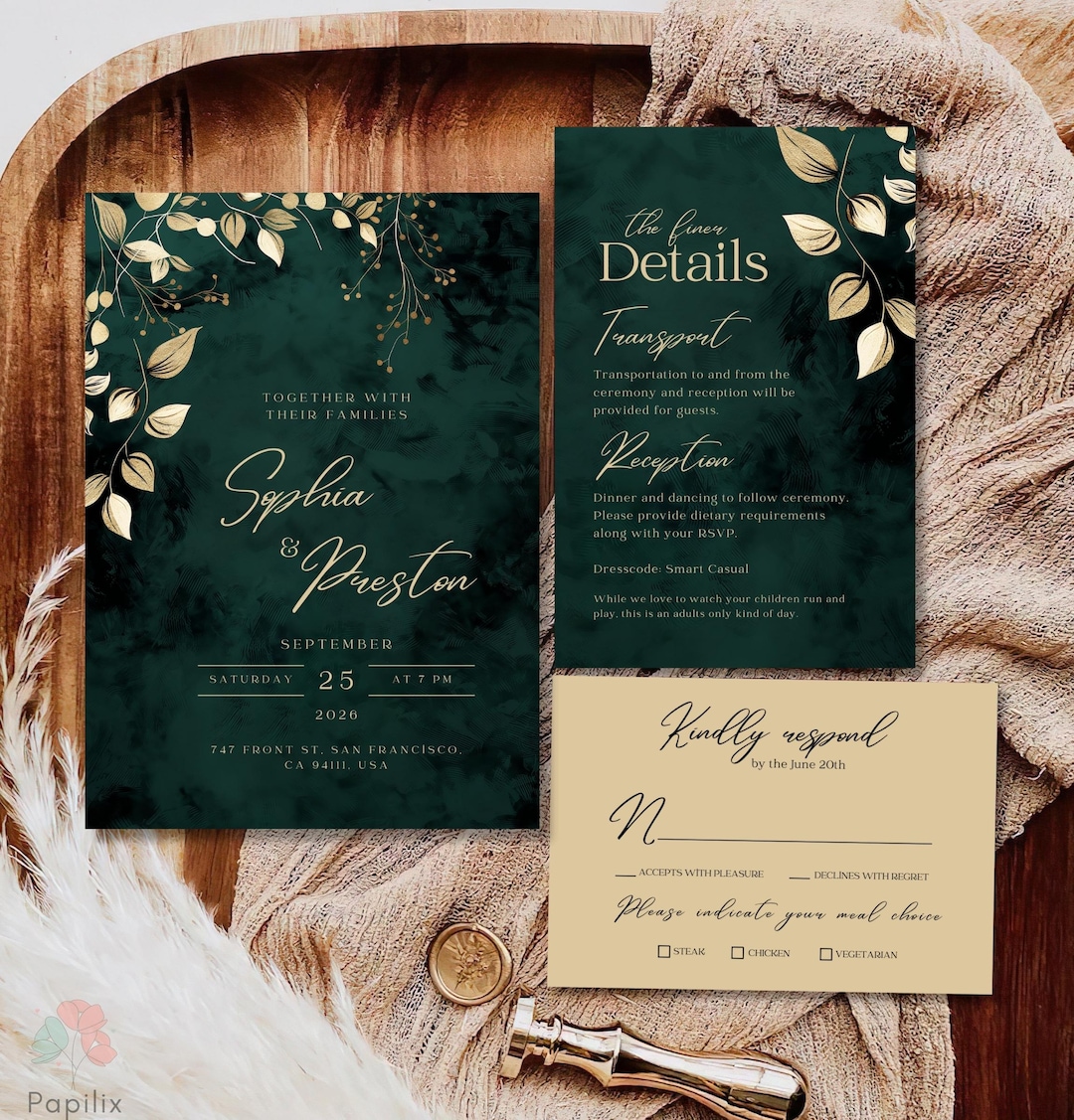Emerald Green Invitation Set, Elegant Dark Green & Gold Foil Floral ...