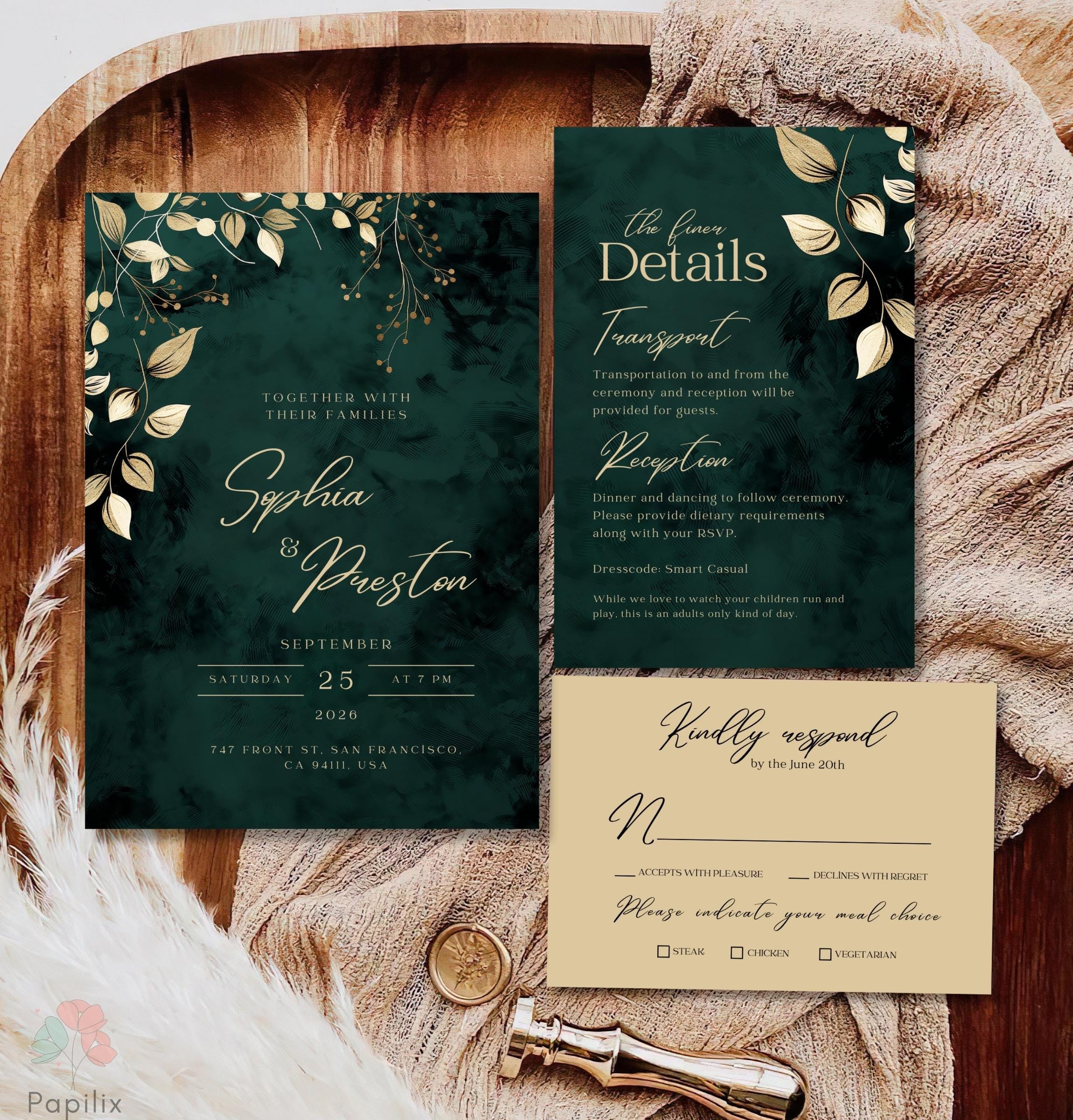 Emerald Green Invitation Set, Elegant Dark Green & Gold Foil Floral ...