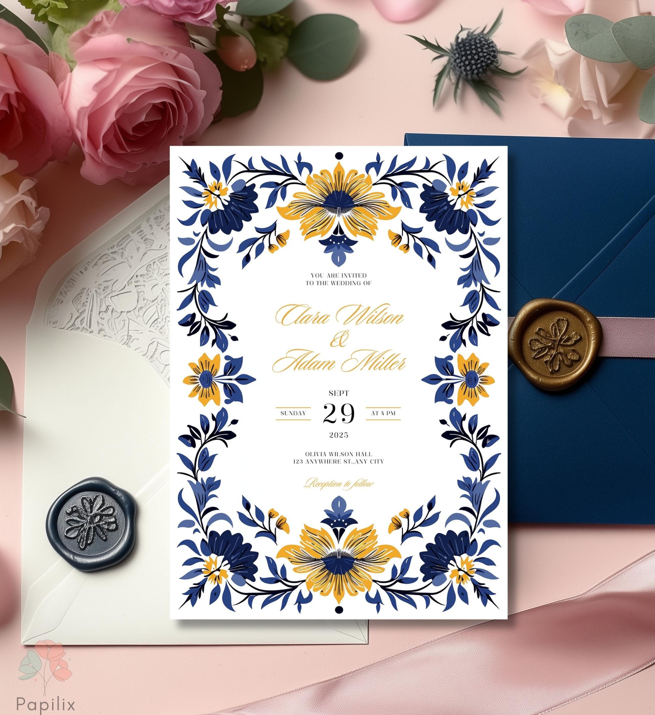 Blue and Yellow Floral Invitation, Editable Mexican Wedding Invite ...