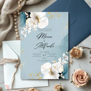 Dusty Blue and Gold Wedding Invitation Template, White Floral Invites ...
