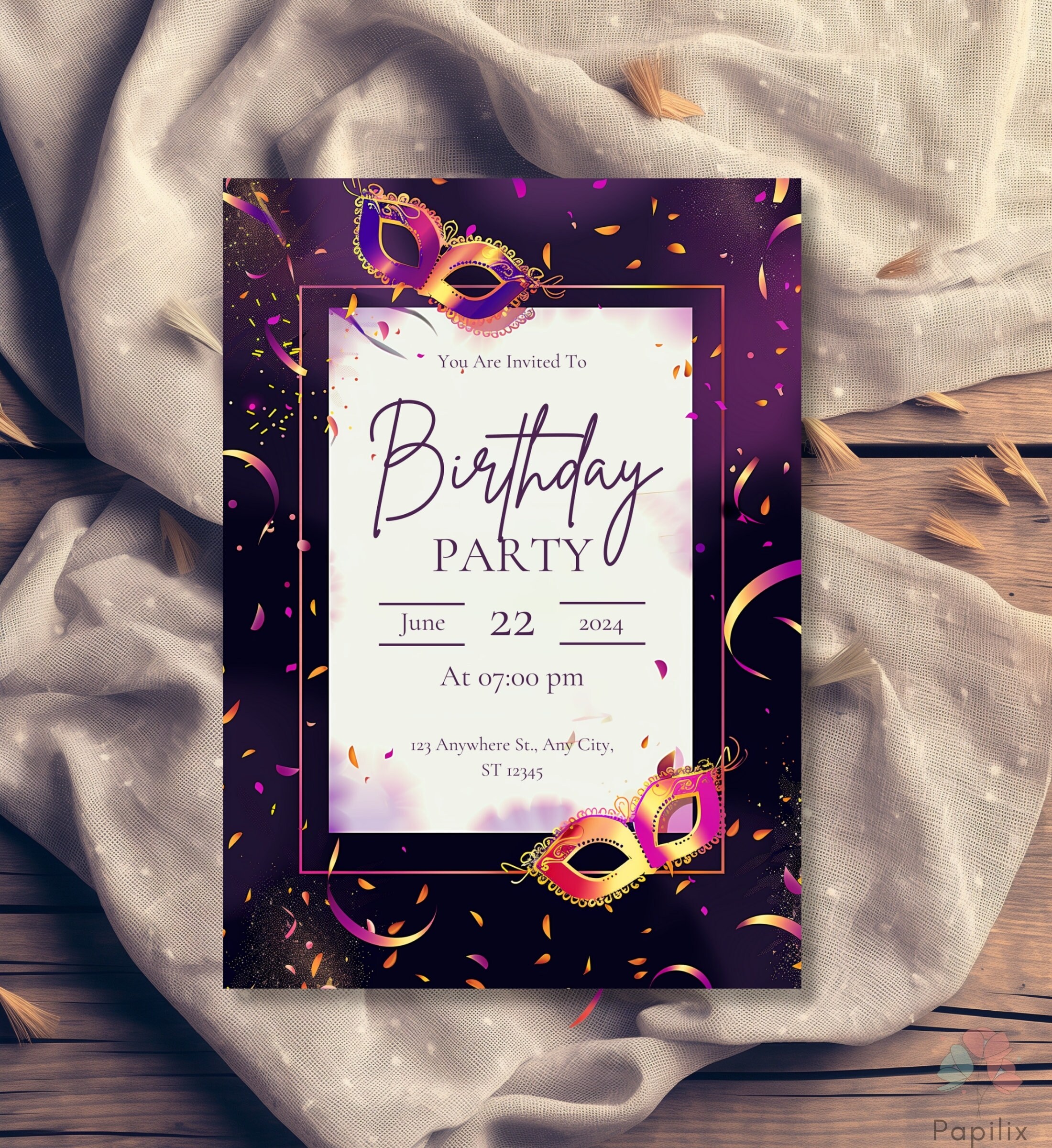 Masquerade Birthday Party Invitation, Purple and Gold Invite, Elegant ...