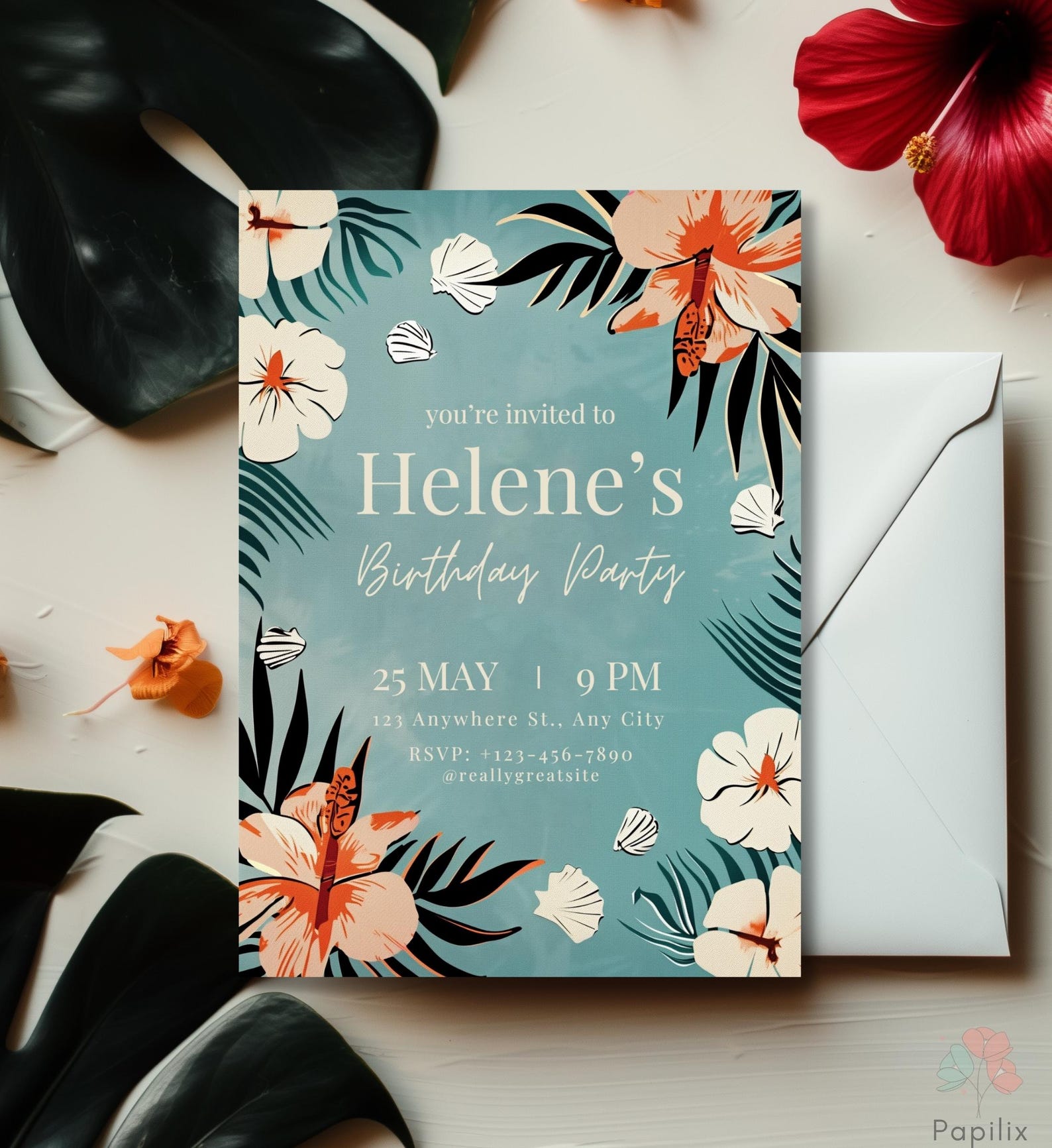 Tropical Floral Party Invitation, Hibiscus and Palm Leaf Party Invite ...
