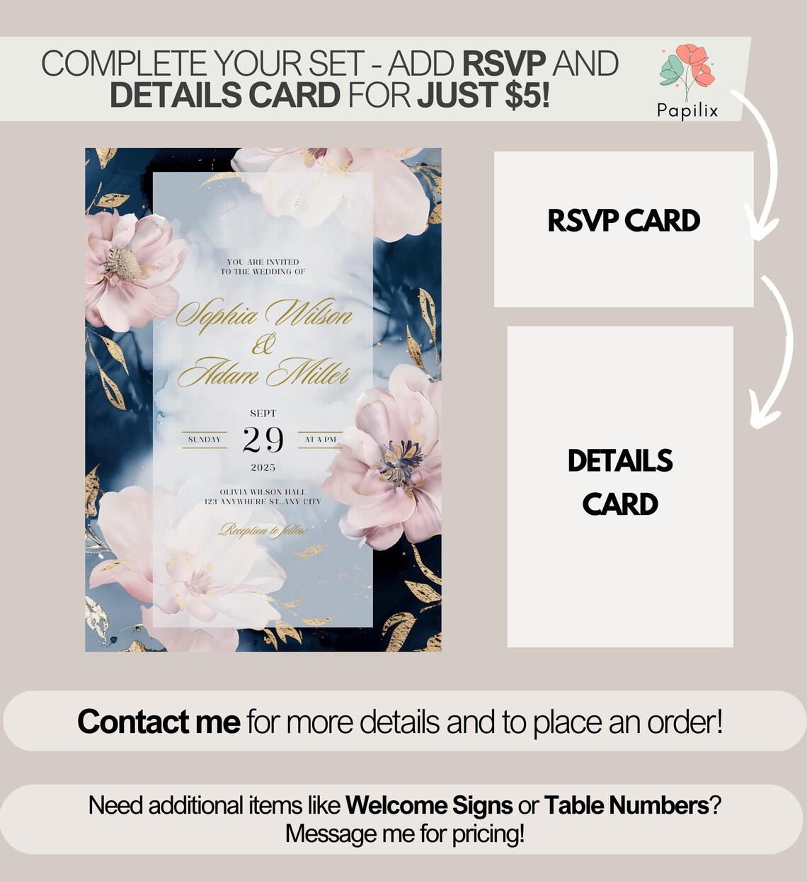 Dusty Blue Wedding Invitation Template, Blush Floral Wedding, Editable ...