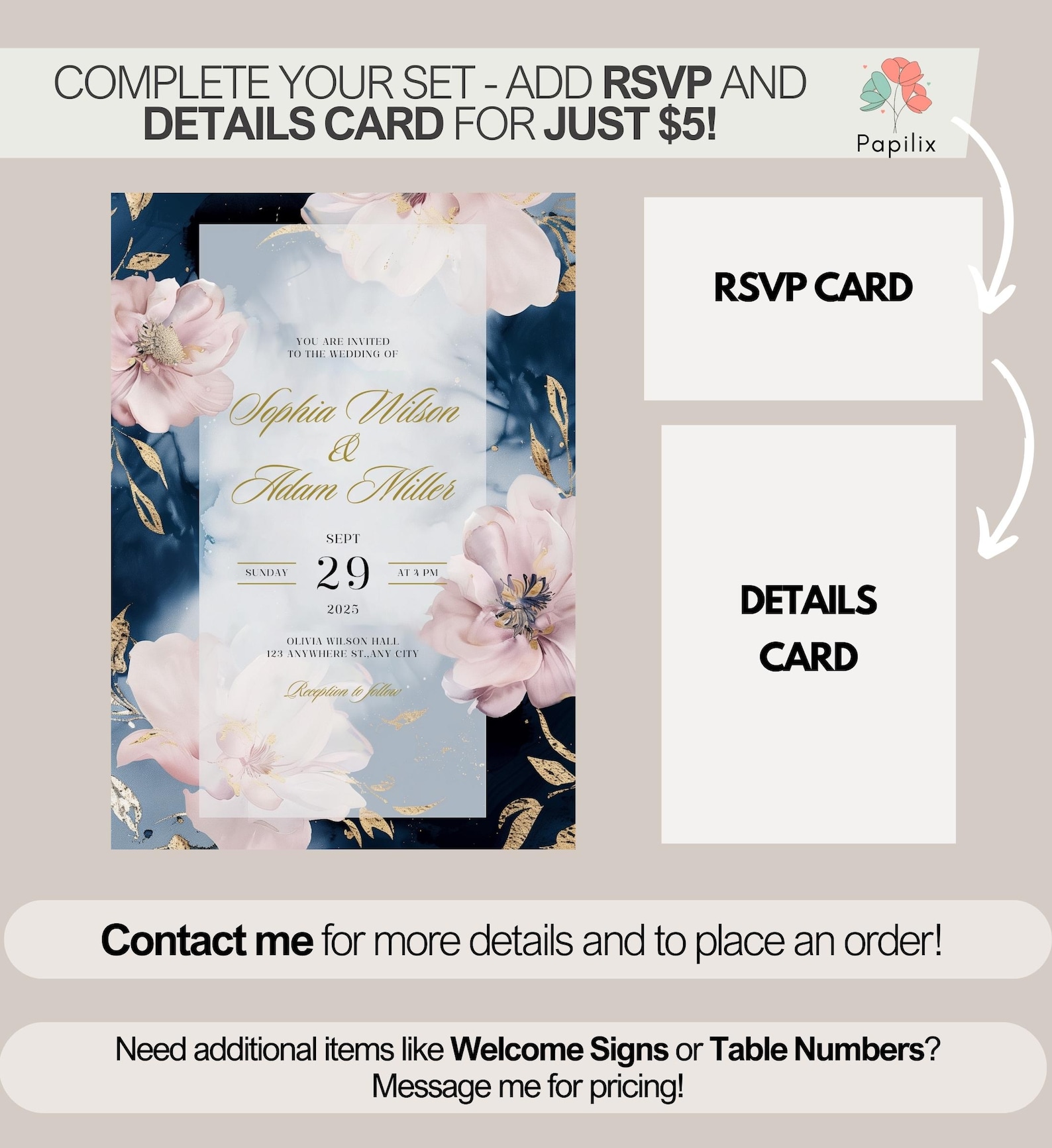 Dusty Blue Wedding Invitation Template, Blush Floral Wedding, Editable ...