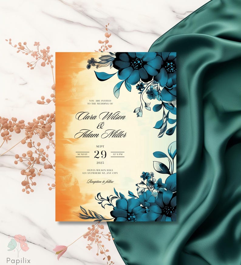 Turquoise and Orange Floral Invitation Template, Boho Wedding Invite ...