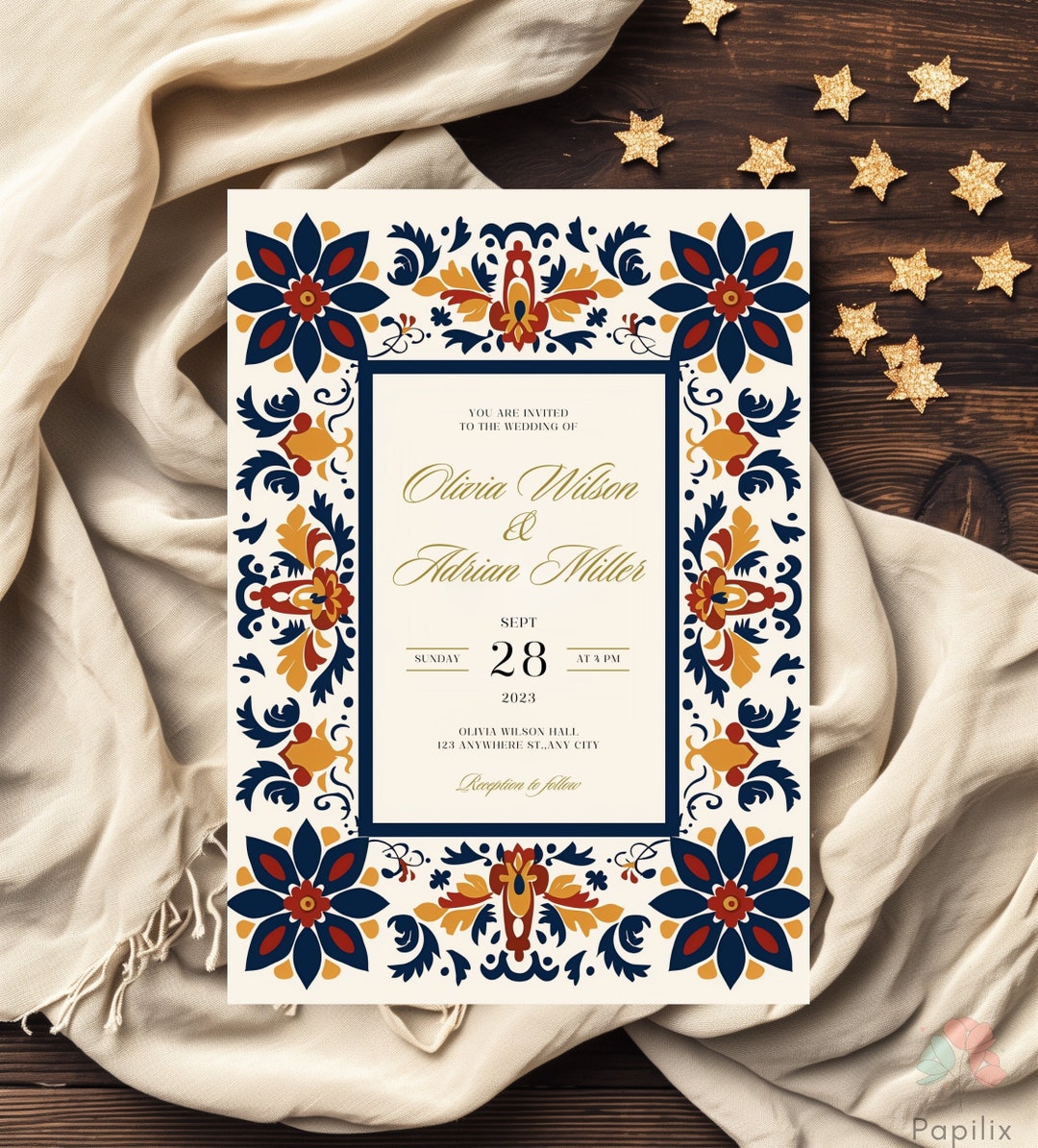 Mexican Wedding Invitation, Talavera Tile Inspired Invites, Red and ...