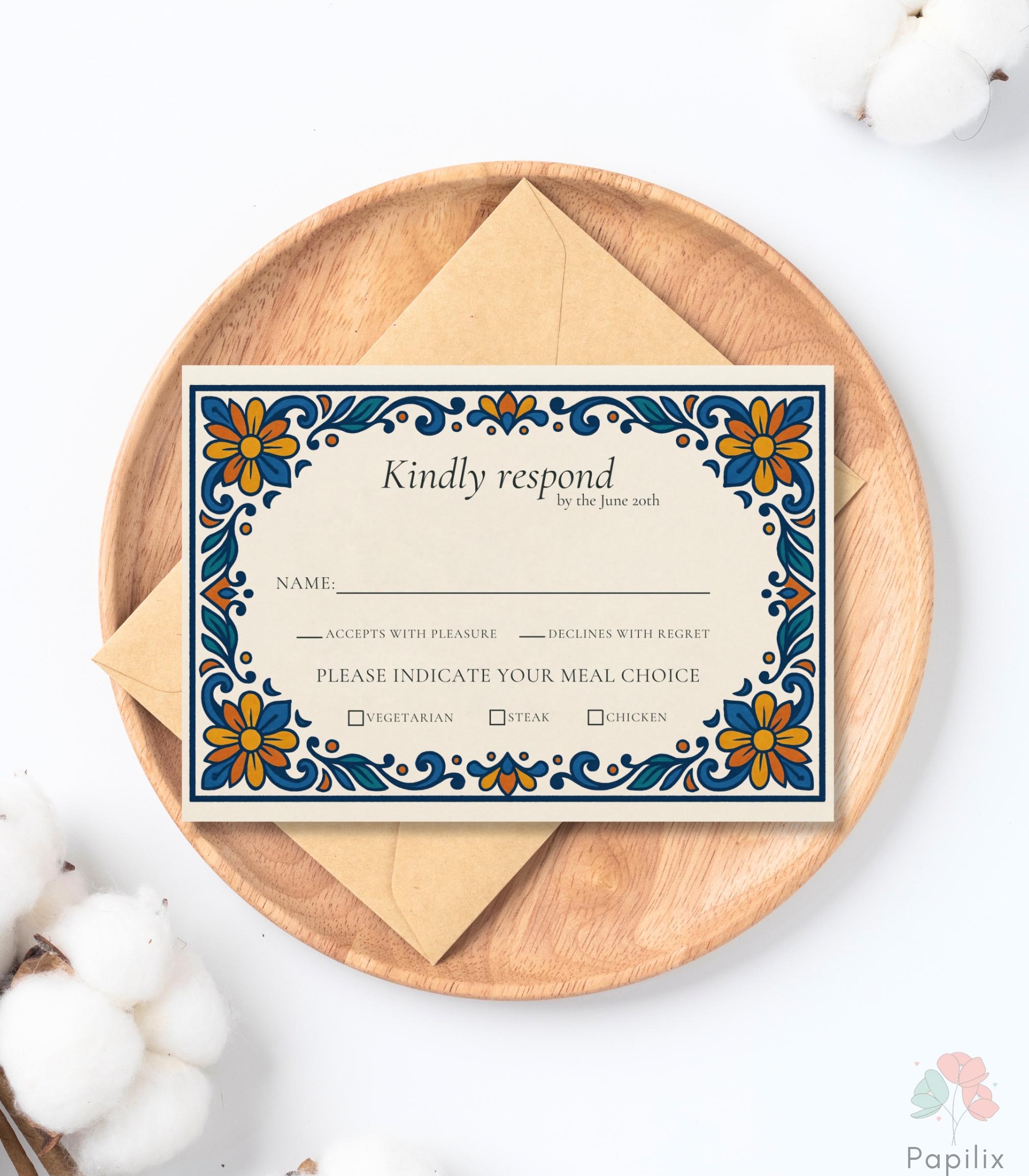 Mexican Wedding Invitation Set, Talavera Tile Fiesta Invites, Blue and ...