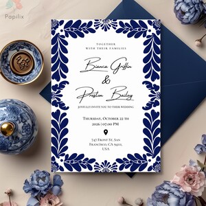 Mexican Wedding Invitation, Blue and White Talavera Floral Invite ...