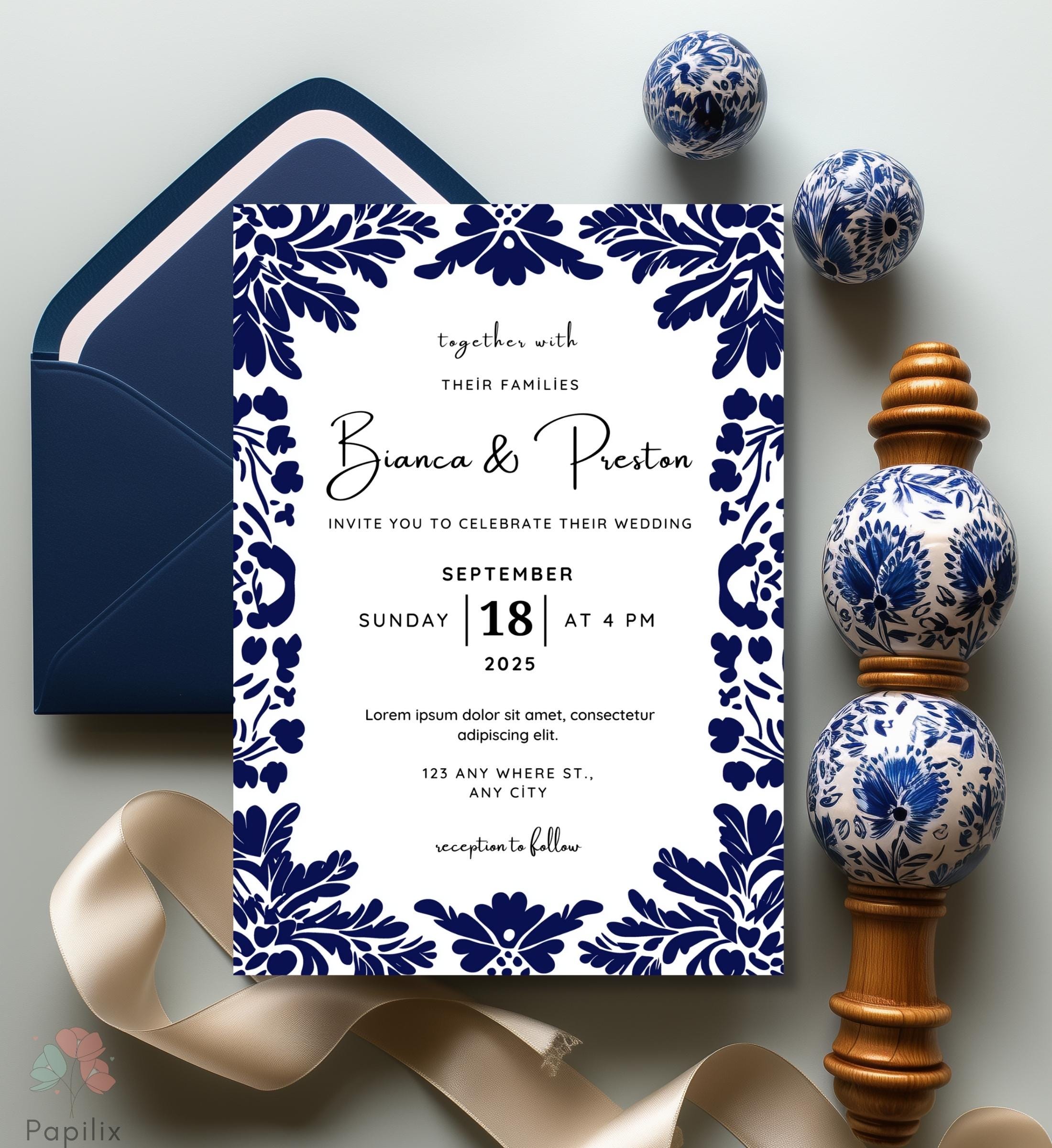 Blue Wedding Invitation, Mexican Blue Floral Fiesta Invites, Folk Art ...