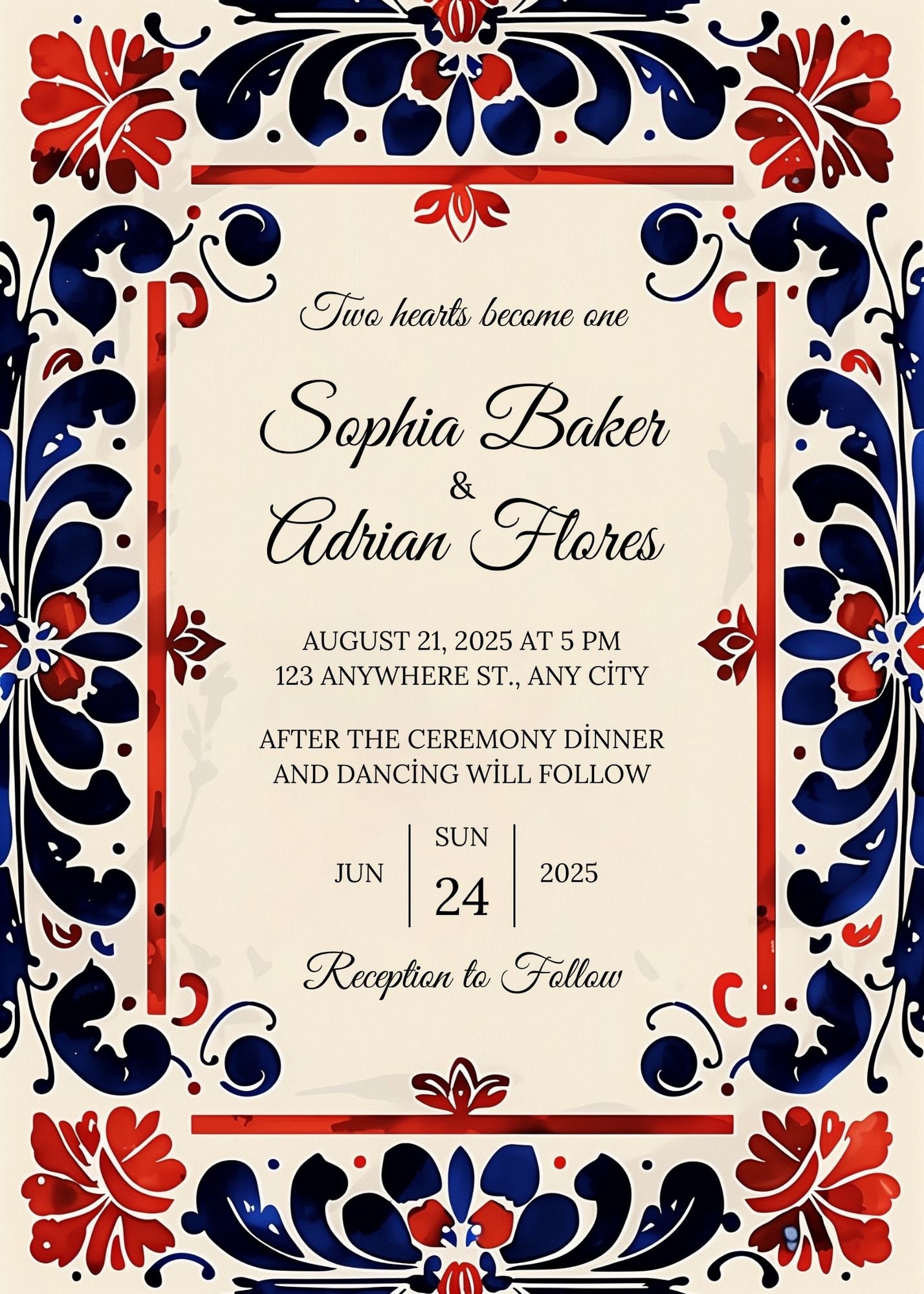 Mexican Wedding Invitation, Talavera Tile Invites, Red and Blue Floral ...