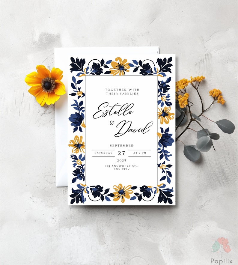 Navy and Gold Floral Wedding Invitation, Elegant Blue and Yellow Invite ...
