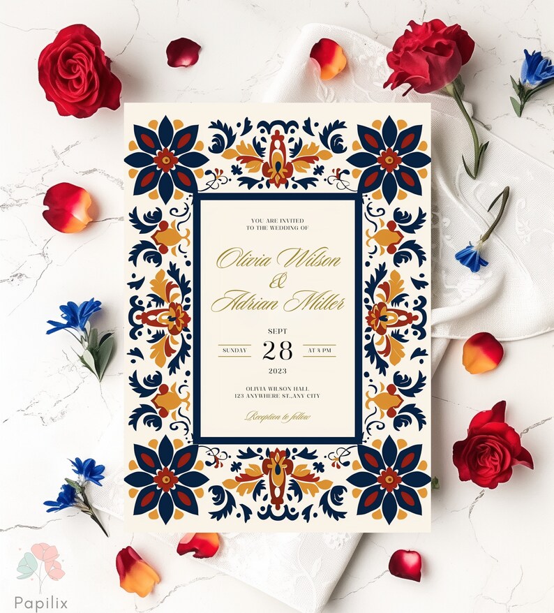 Mexican Wedding Invitation, Talavera Tile Inspired Invites, Red and ...