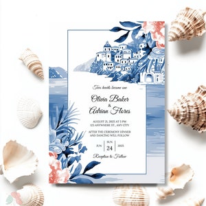 Mediterranean Coastal Wedding Invitation, Blue Amalfi Coast Invite ...