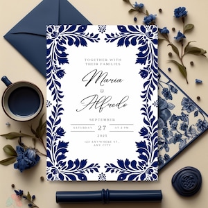 Mexican Wedding Invitation Template, Blue Floral Invite, Talavera Tile ...