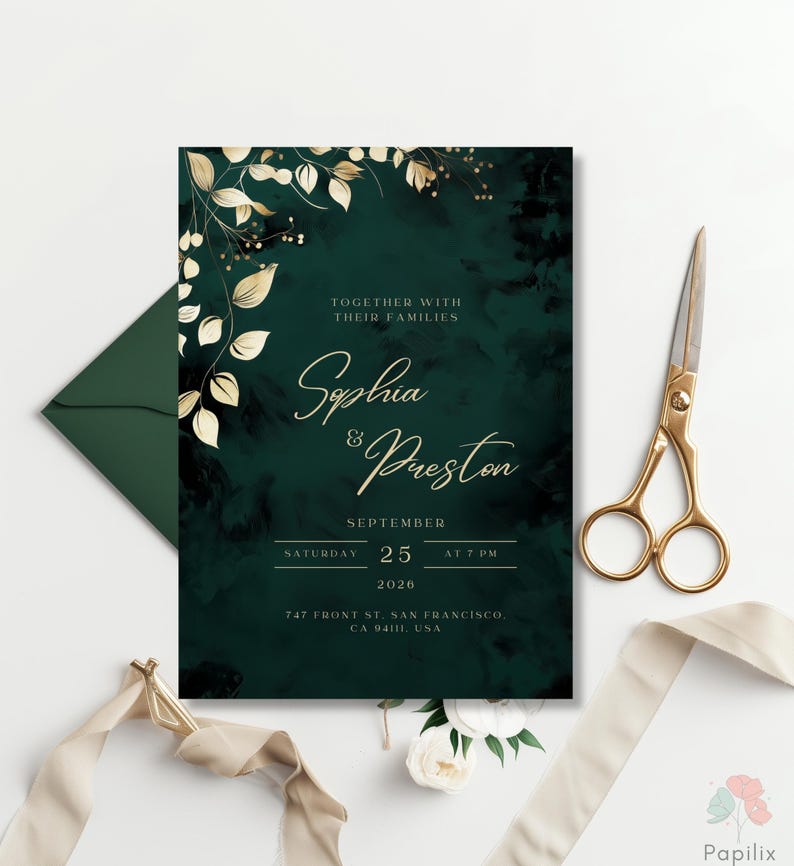 Emerald Green Wedding Invitation Template, Gold Floral Accent Invite, Dark Green & Gold Elegant ...