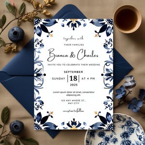 Mexican Blue Floral Wedding Invitation Template, Talavera Tile Invite ...