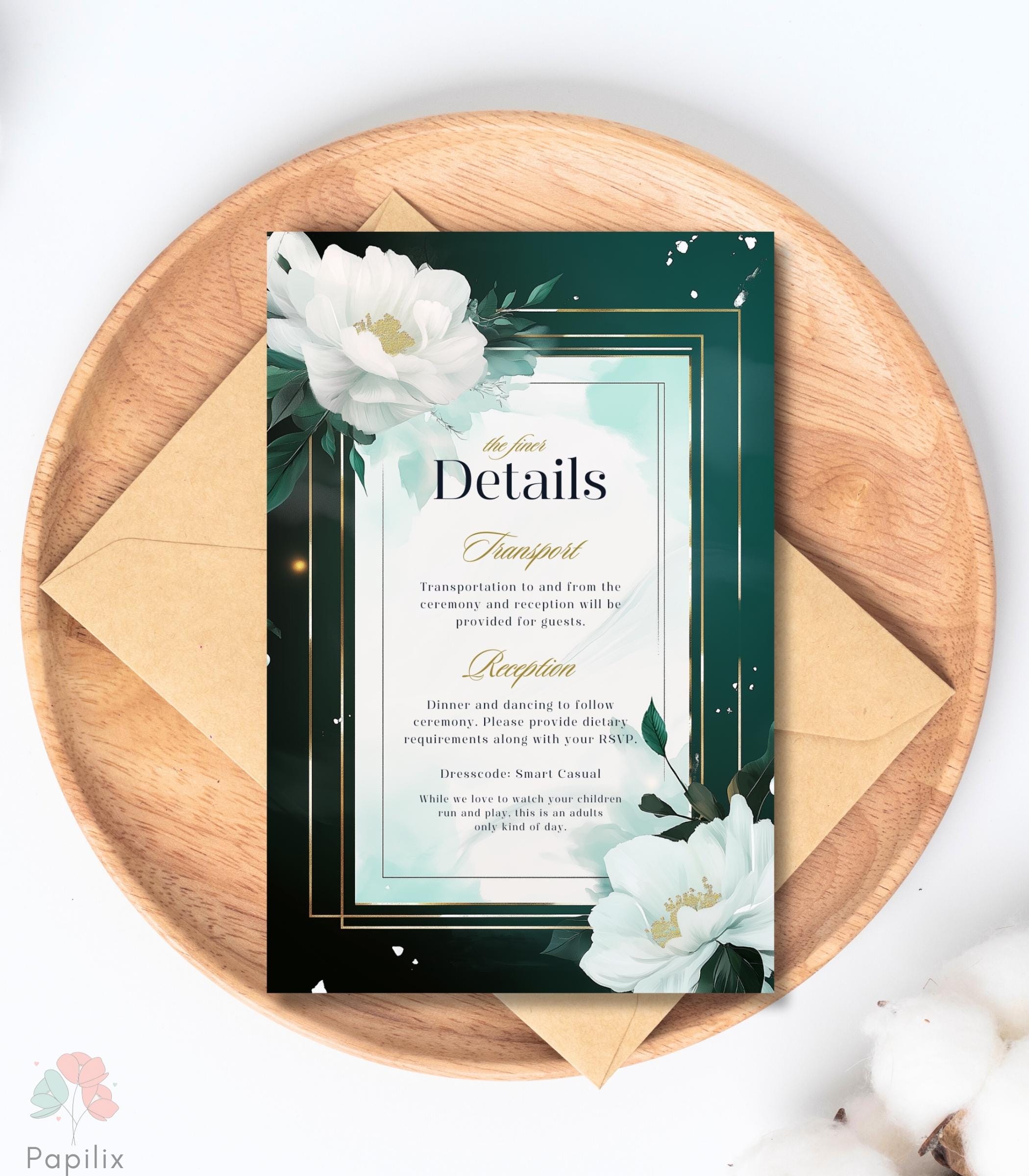 Emerald Green Wedding Invitation Set, White Floral Invite, Dark Green ...