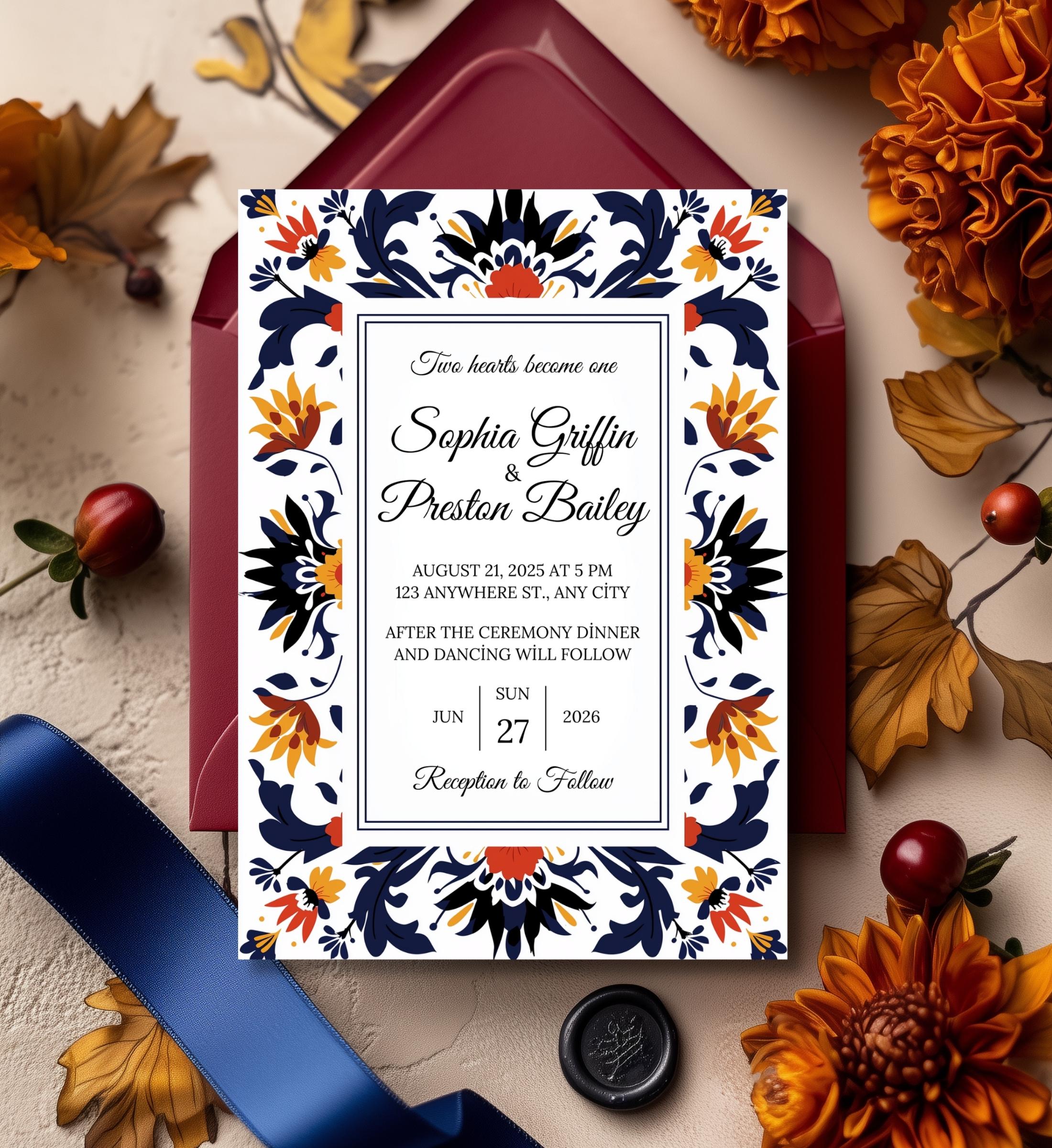 Mexican Wedding Invitation Template, Talavera Tile Floral Invite, Red ...