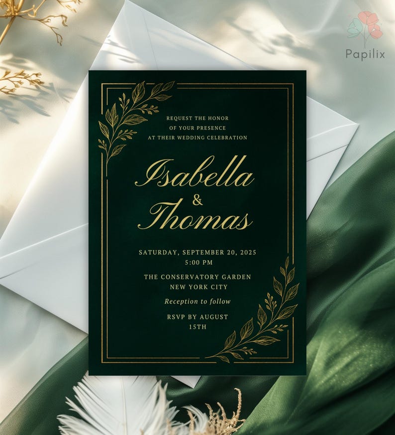 Emerald Green Wedding Invitation Template, Gold Foil Look Invites ...