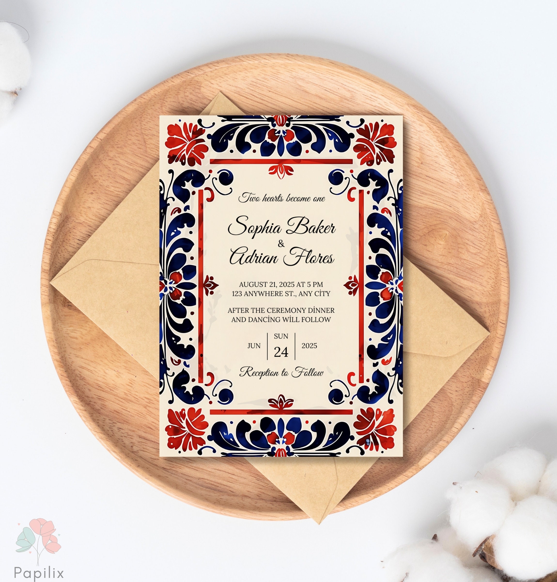 Mexican Wedding Invitation, Talavera Tile, Red & Blue Floral Invites ...