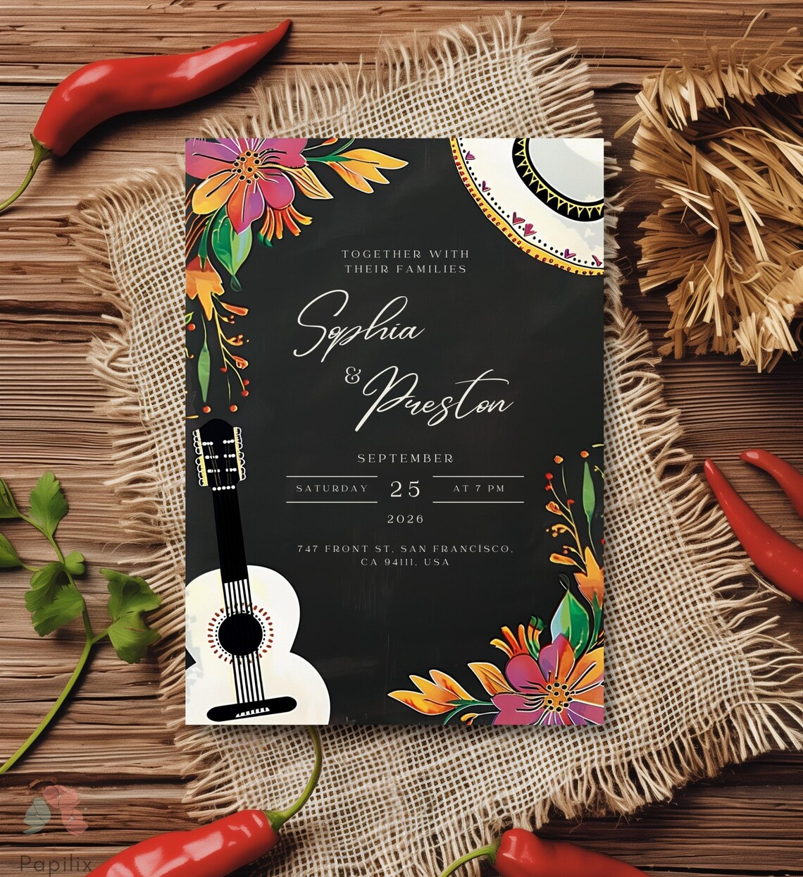 Mexican Fiesta Invitation, Floral Sombrero Invite, Colorful Guitar ...