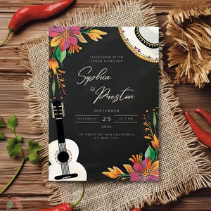 Mexican Fiesta Invitation, Floral Sombrero Invite, Colorful Guitar ...